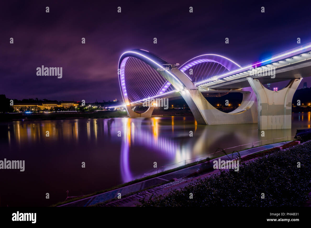 Nanning, China Bridge into Night Time Landscape Long Exposure Stock ...