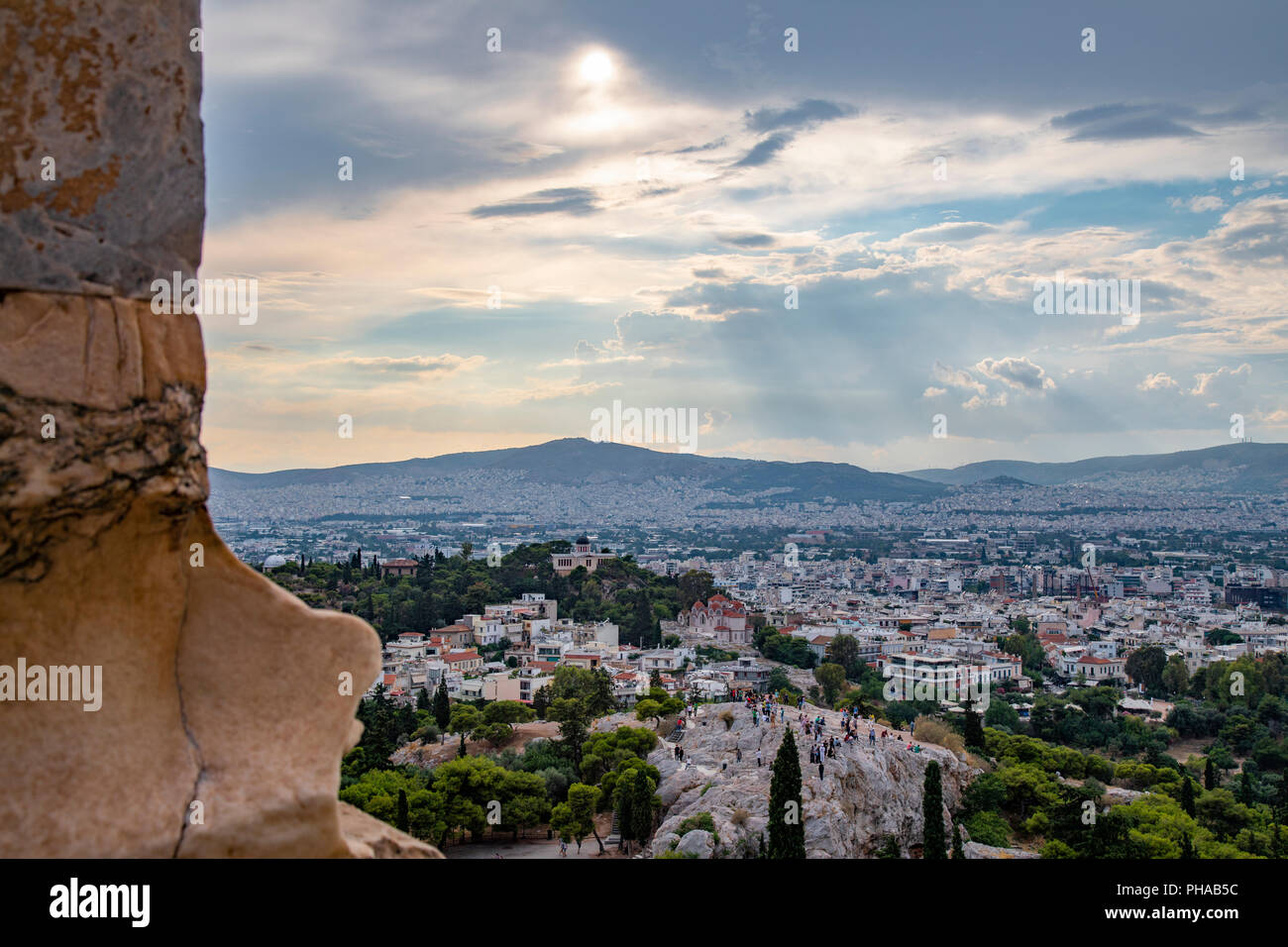Aerial view the city of Athens from ancient Acropolis of Athens city ...