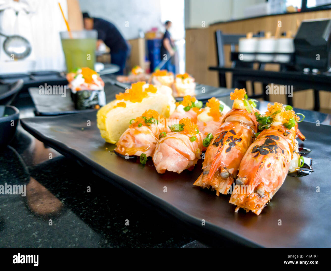 Sushi Shrimp burn the fire (Aburi River Prawn) and Aburi Salmon sushi ...