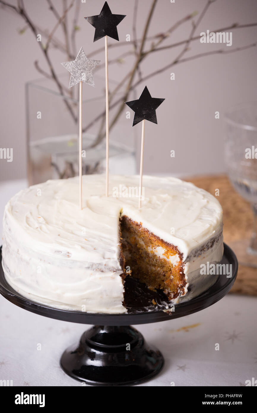 Close up of delicious homemade birthday white cake decorated with ...