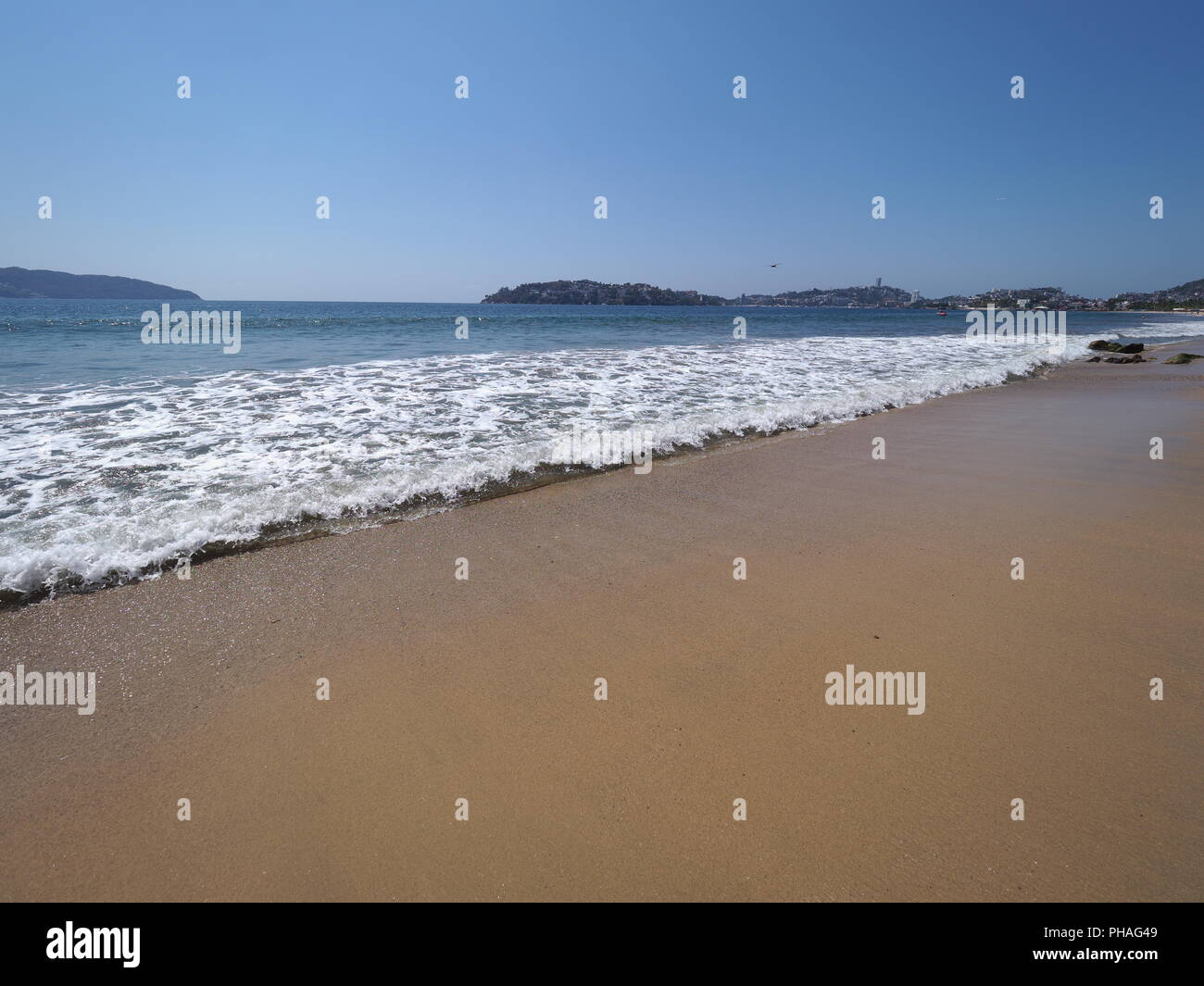 Nice landscape of sandy beach at bay of ACAPULCO city in Mexico with ...