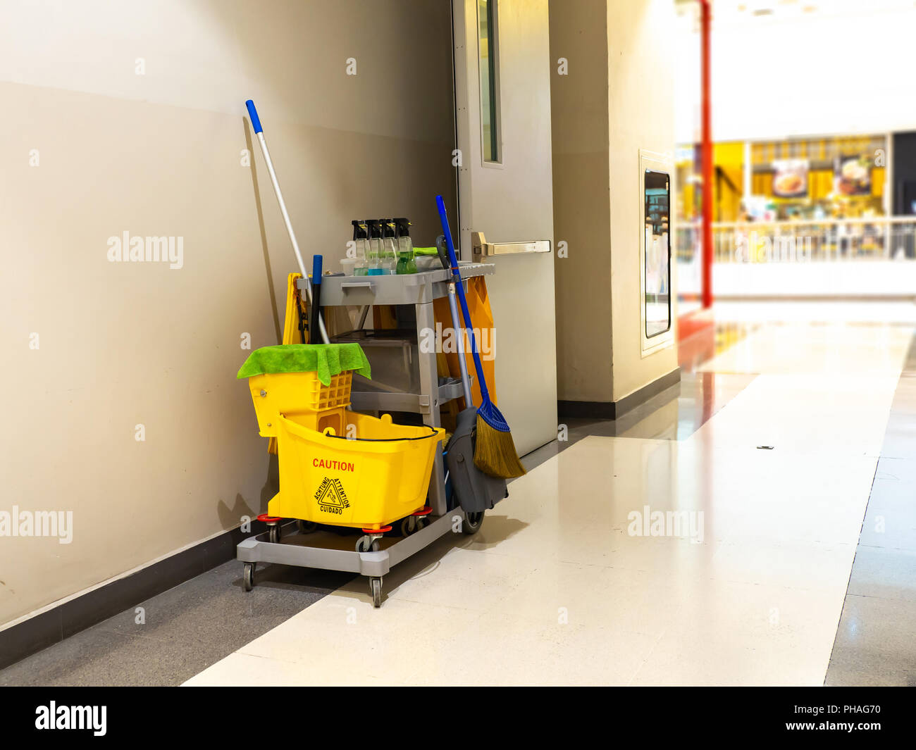 Cleaning tools cart wait for maid or cleaner in the department store ...