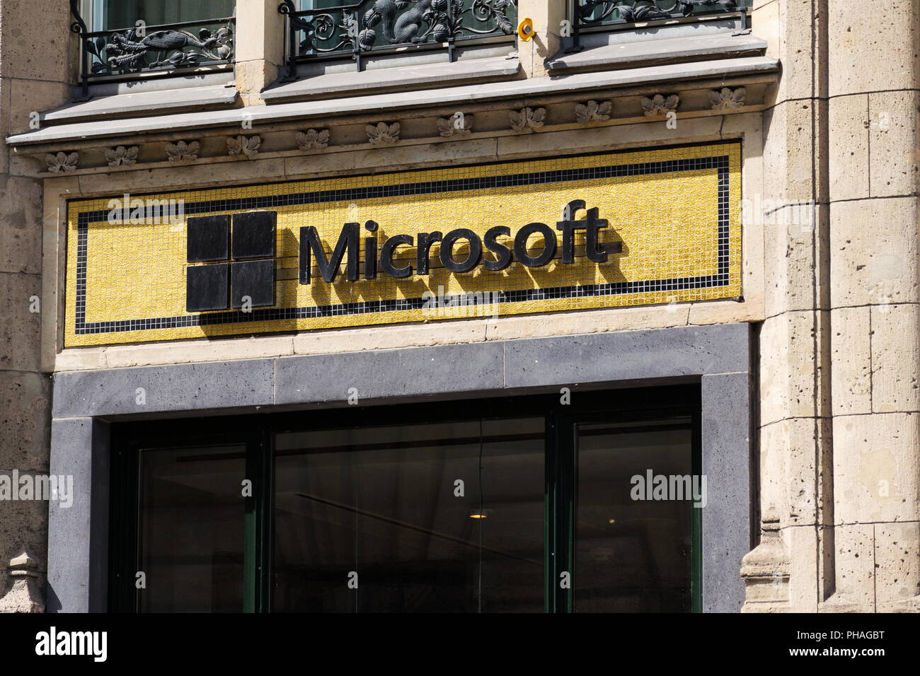 BERLIN, GERMANY - MAY 15 2018: Black Microsoft company logo on business ...