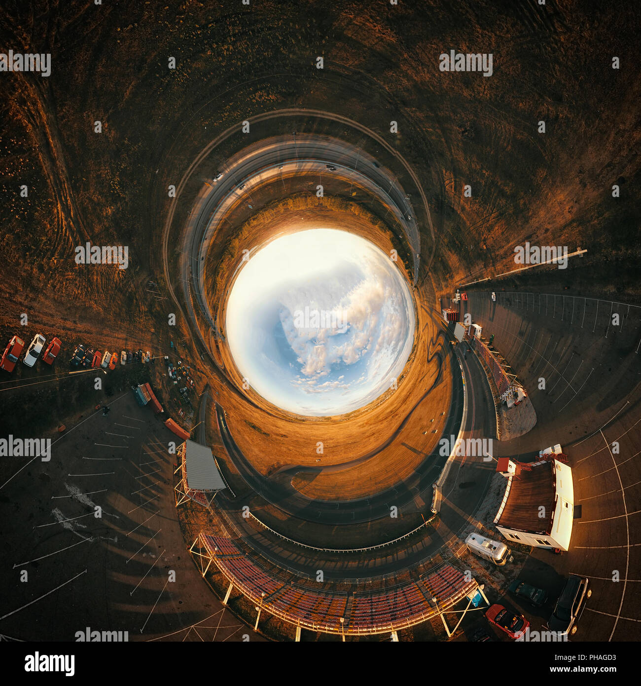 Aerial top view of parking lot with many cars from above ...