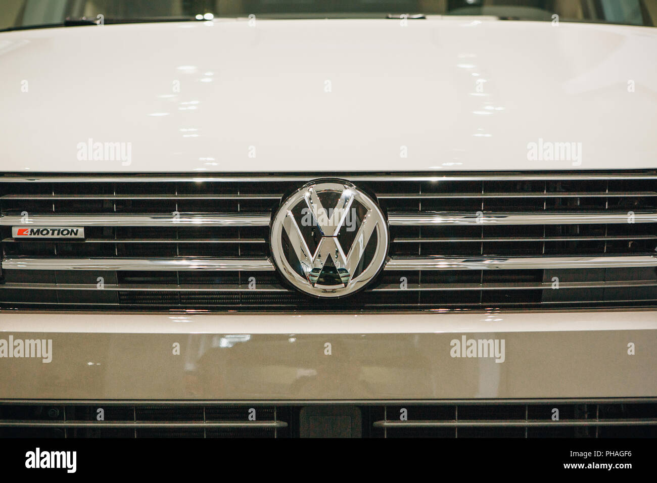 Berlin, August 29, 2018: Close-up sign VW on new Volkswagen multivan ...