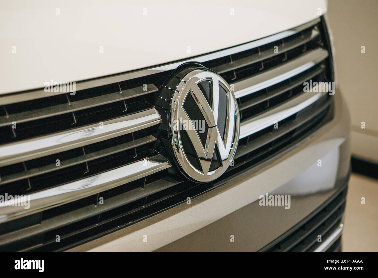 Berlin, August 29, 2018: Close-up sign VW on new Volkswagen multivan ...