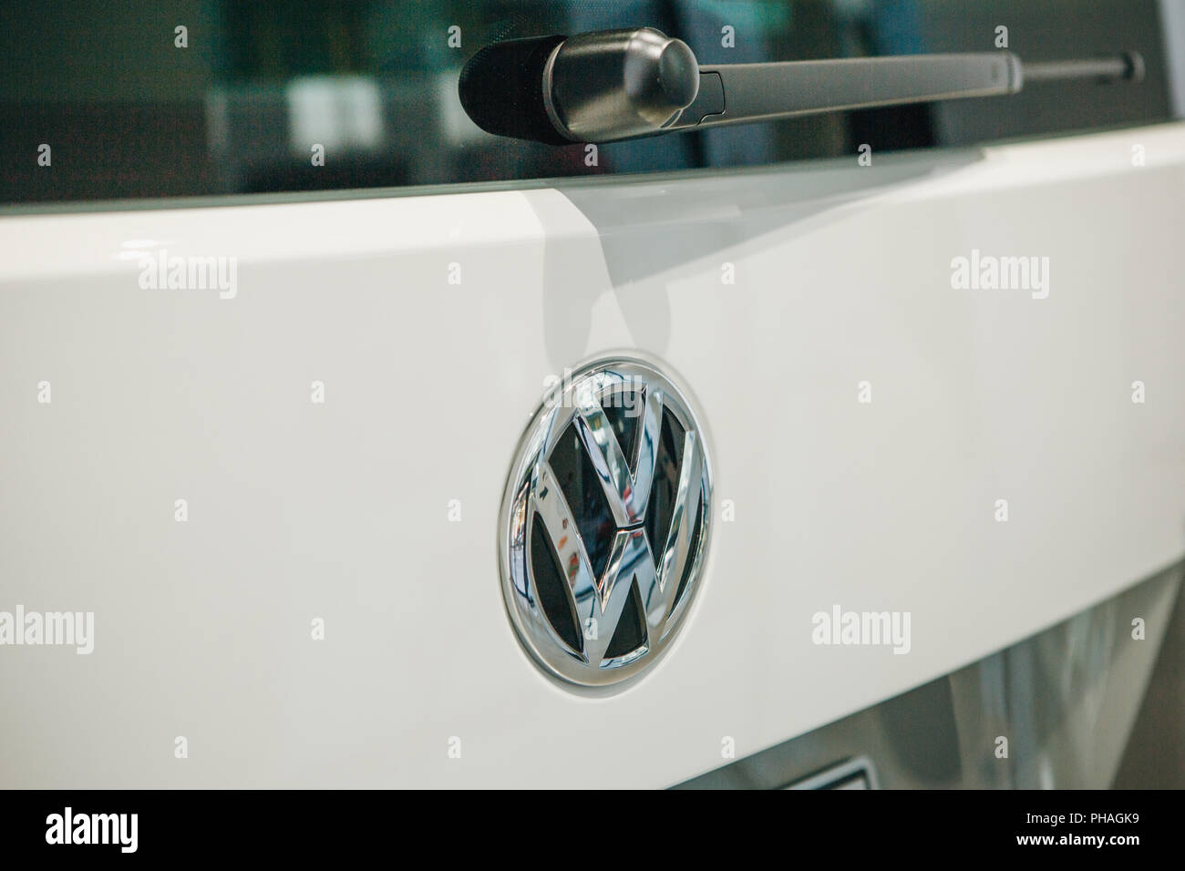 Berlin, August 29, 2018: Close-up sign VW on new Volkswagen multivan ...