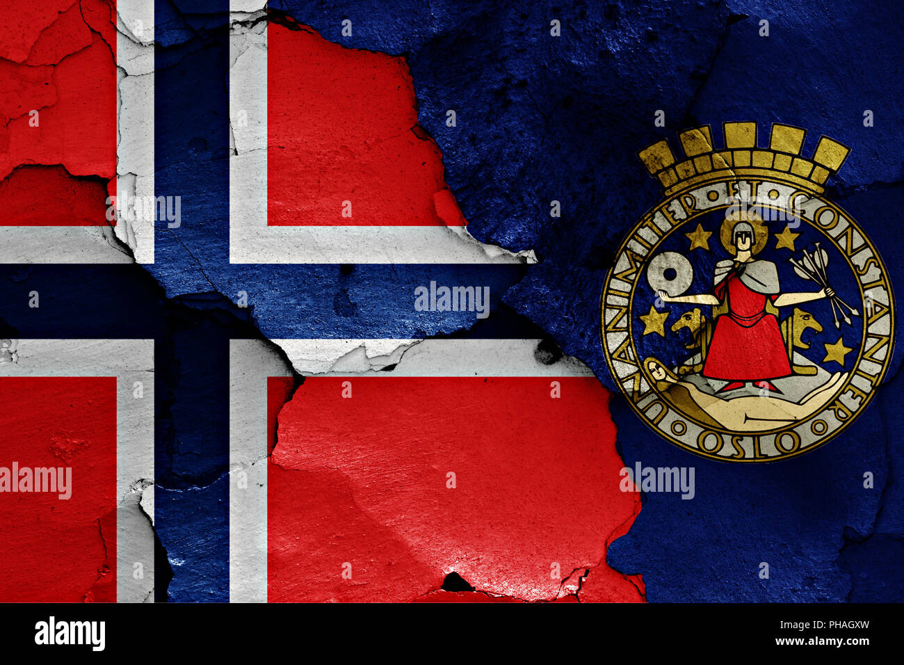 flags of Norway and Oslo painted on cracked wall Stock Photo - Alamy