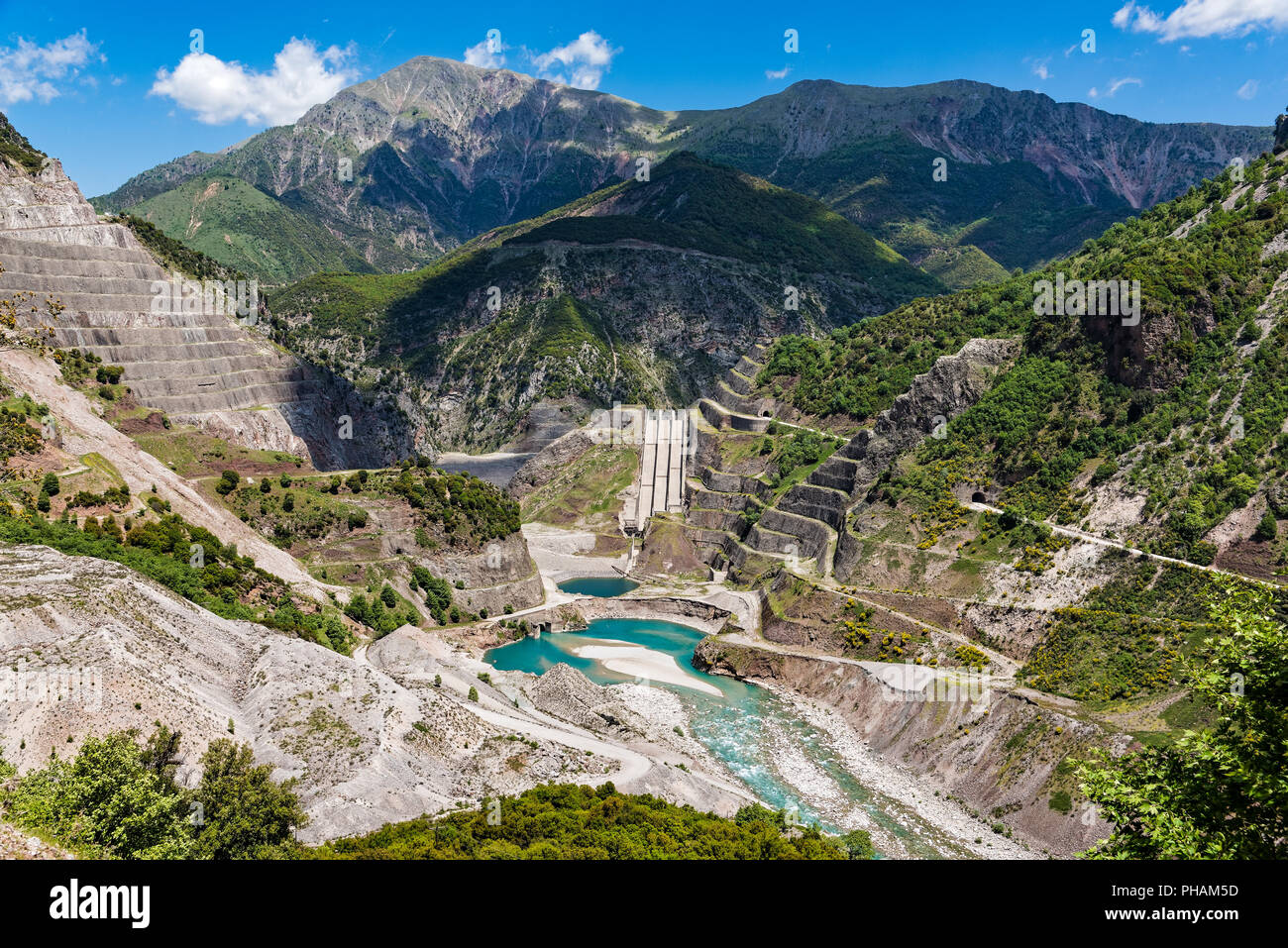 Mountain landscape with works in progress at the river bed of Acheloos ...
