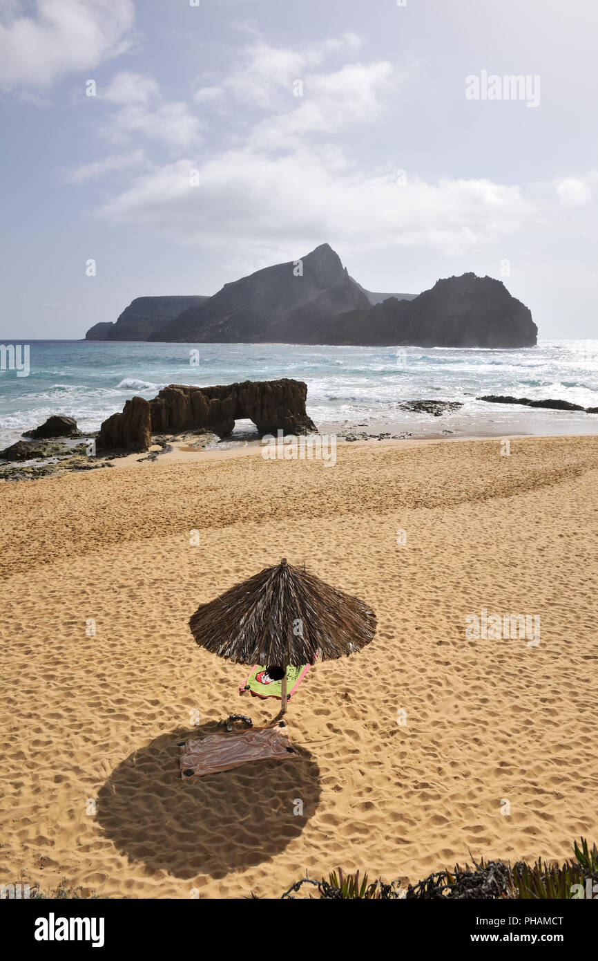 Ponta da Calheta beach and the Cal islet (Ilhéu da Cal). Porto Santo ...