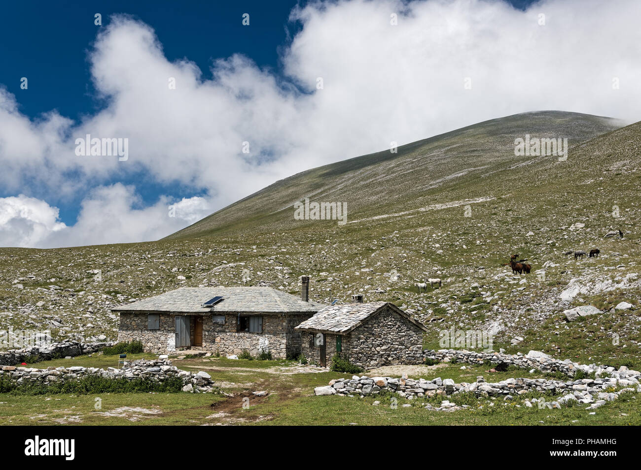 View of the Christakis refuge hut on Mount Olympus, the highest ...