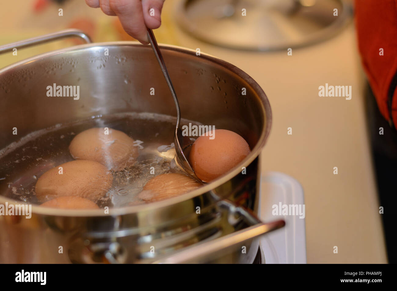 Cooking eggs in a pot - close-up Stock Photo - Alamy