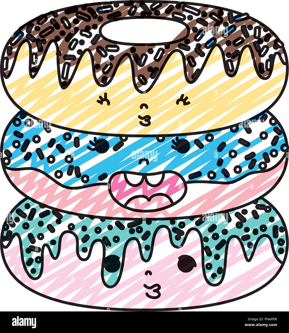 doodle kawaii expression donuts sweet food vector illustration Stock ...