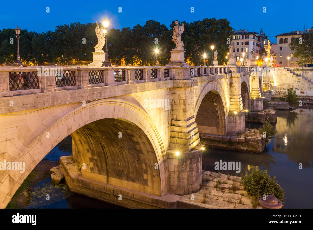Amazing Sunset view of St. Angelo Bridge in city of Rome, Italy Stock ...