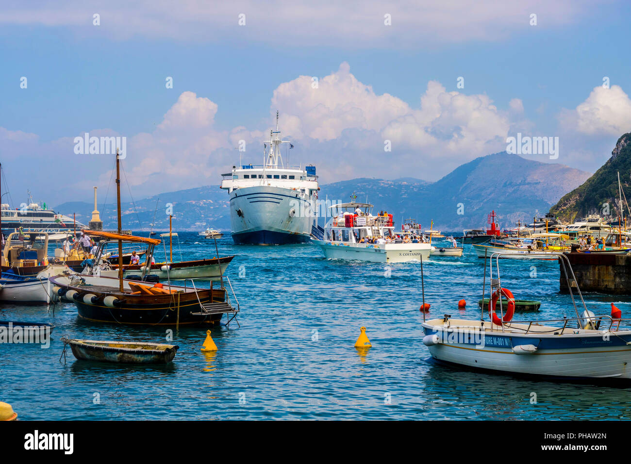 Busy sea traffic, Car Ferry Boat in Marina Grande, Capri, Campania ...