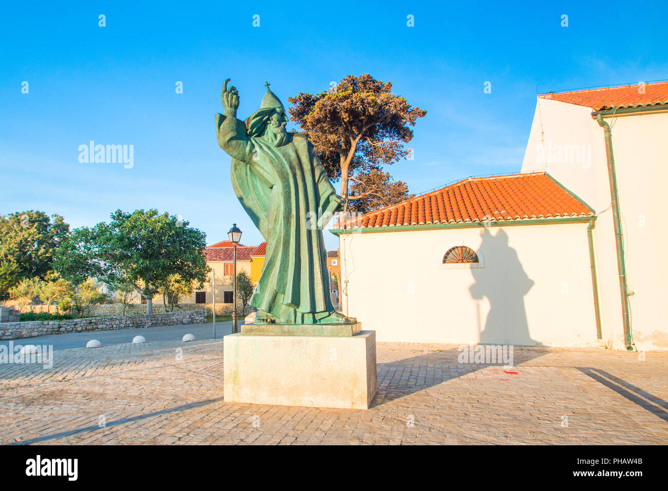 Statue of medieval Croatian bishop Grgur Ninski in historic town of Nin ...