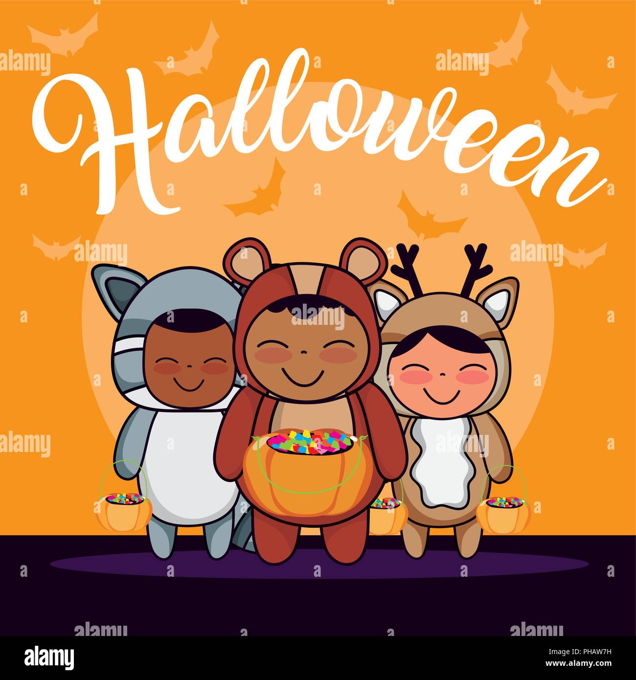 Halloween cute kids with animals costume and candies basket vector ...