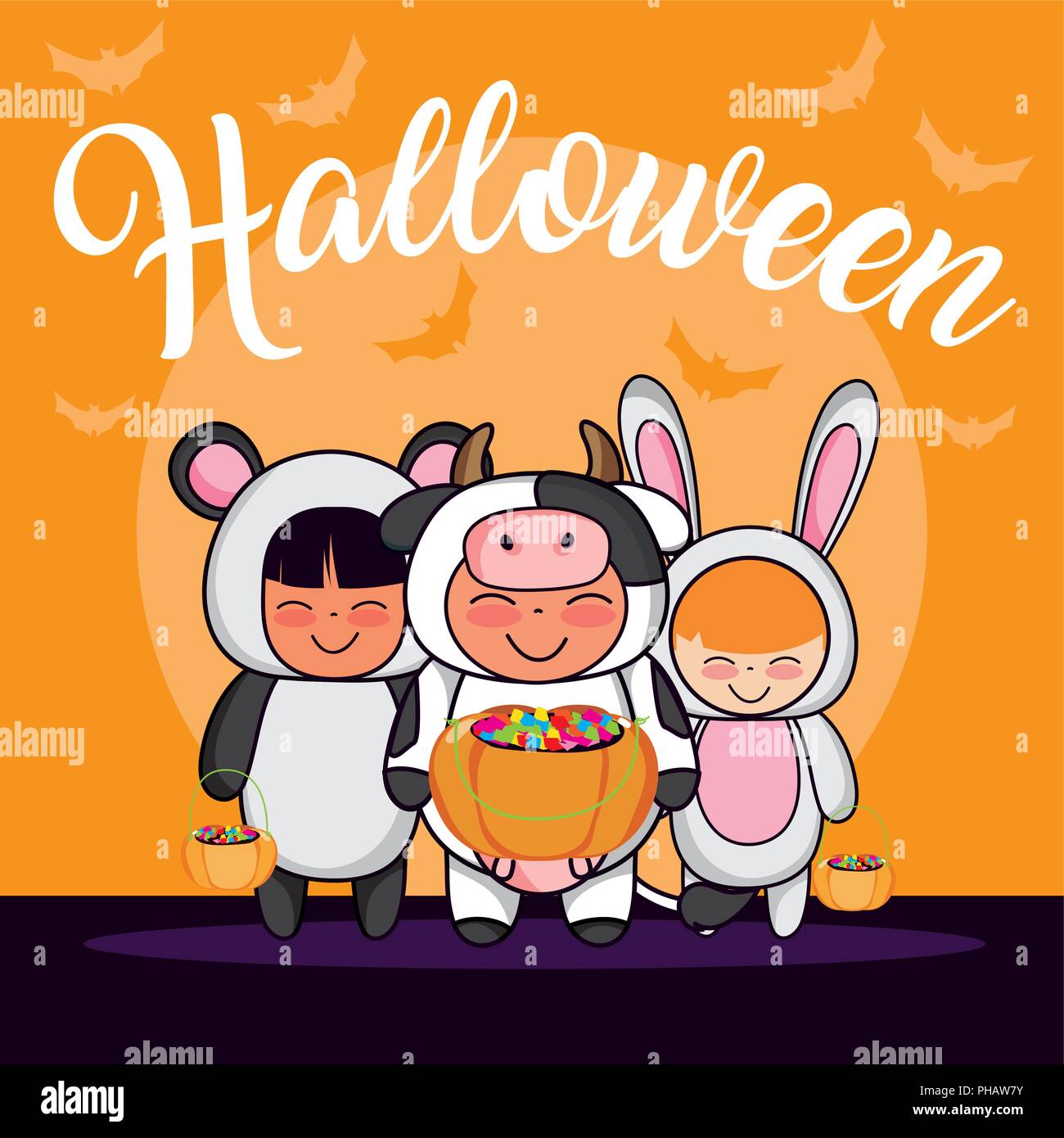 Halloween cute kids with animals costume and candies basket vector ...