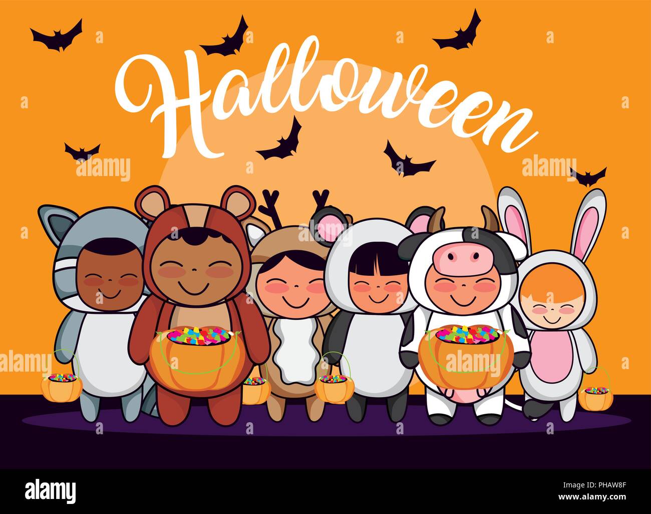 Halloween cute kids with animals costume and candies basket vector ...