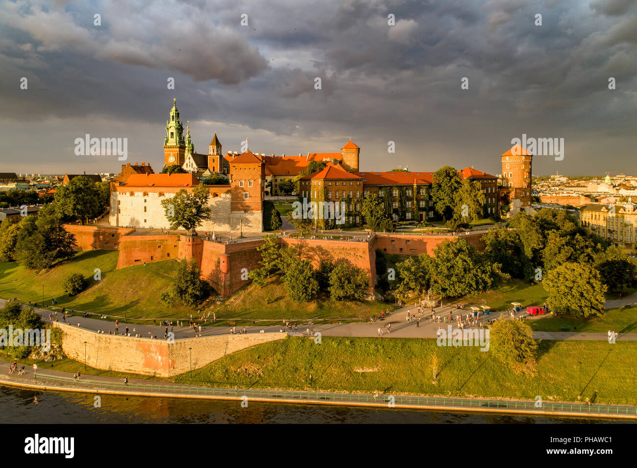 Historic royal Wawel castle and cathedral in Cracow, Poland. Aerial ...