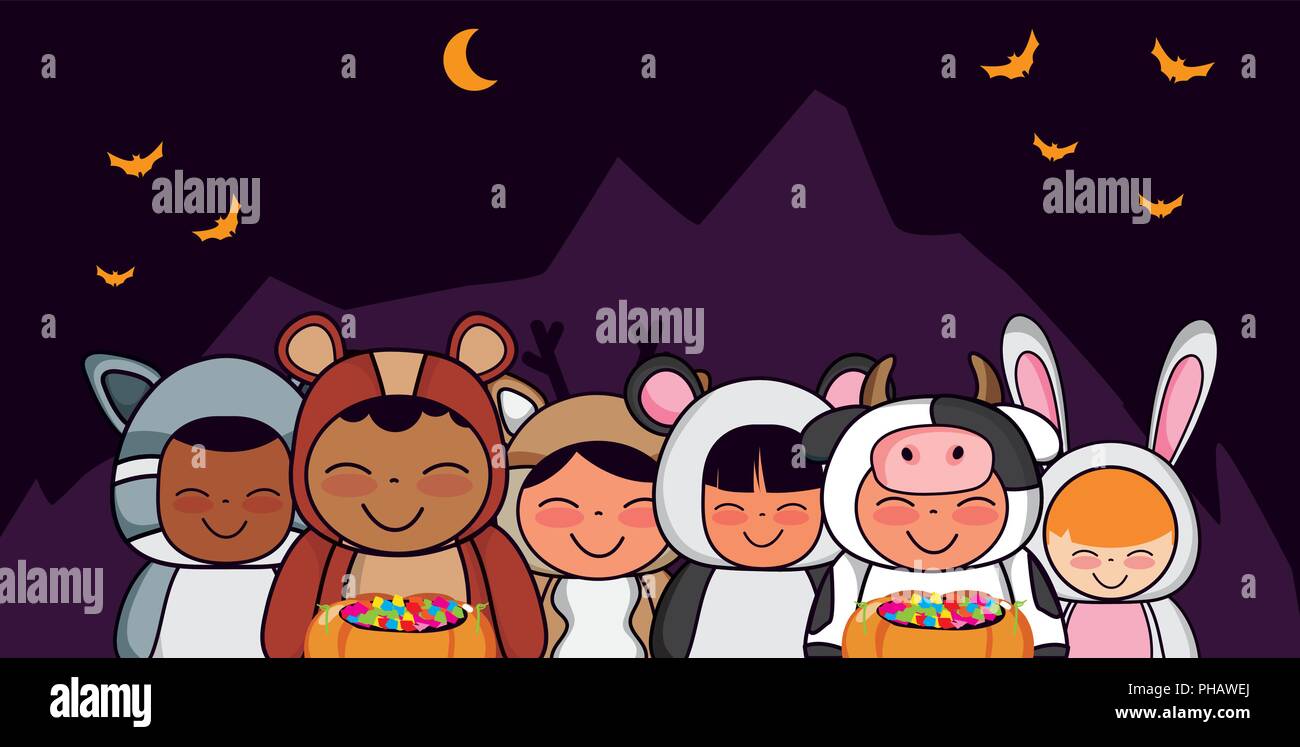 Halloween cute kids with animals costume and candies basket vector ...