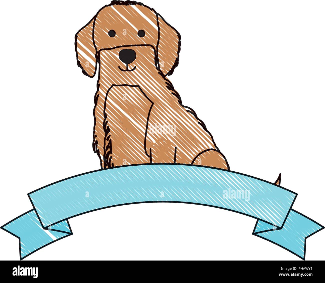 decorative ribbon with cute golden retriever dog icon over white ...