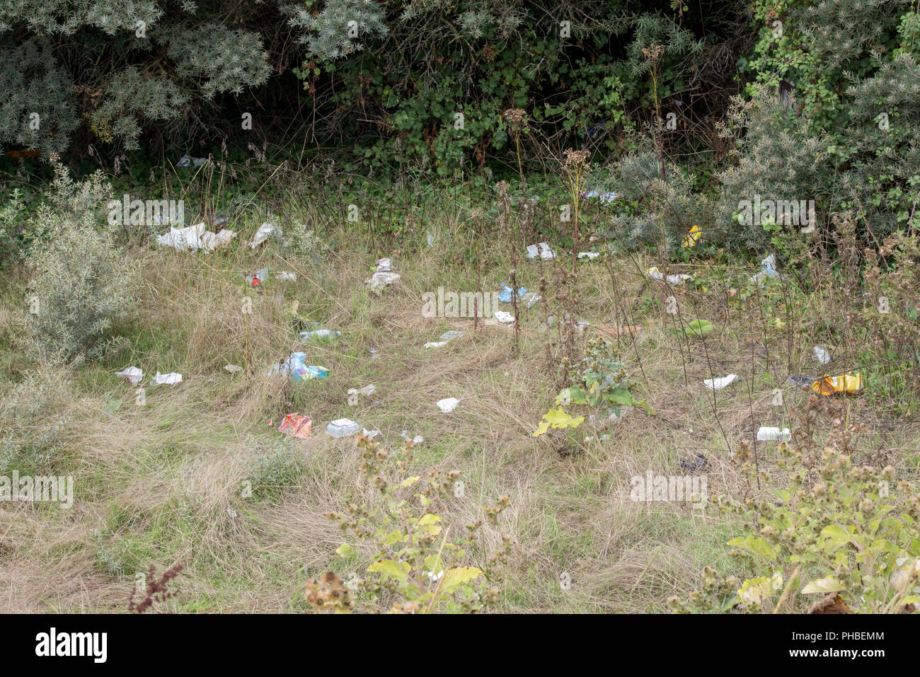 litter strewn all over the countryside. discarded wrappers and garbage ...
