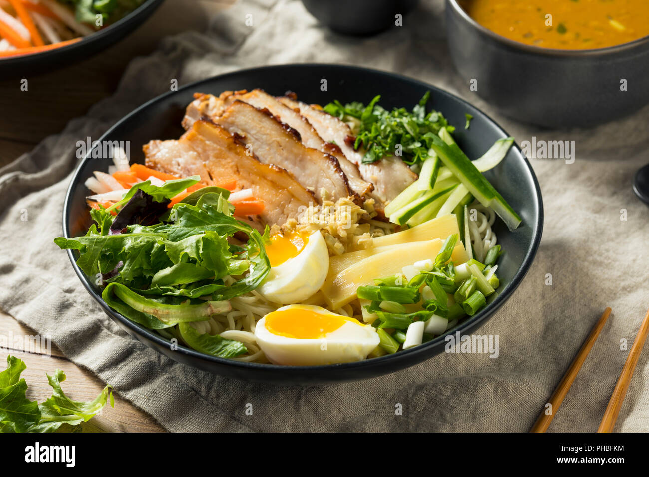 Homemade No Broth Mazemen Ramen with Pork Belly and Veggies Stock Photo ...