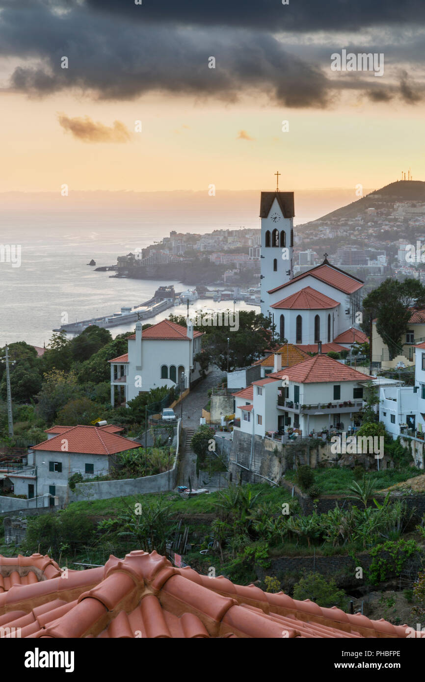 View of Church of Sao Goncalo overlooking Funchal harbour and town at ...