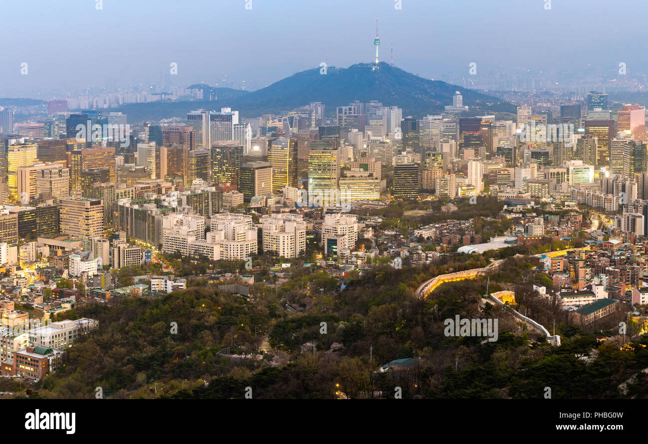 Aerial Sunset and Night view of Seoul Downtown cityscape with Seoul ...