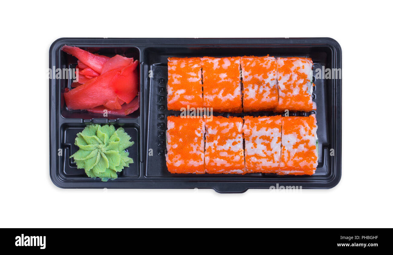 Set of California rolls in a black "take away" container on a white ...