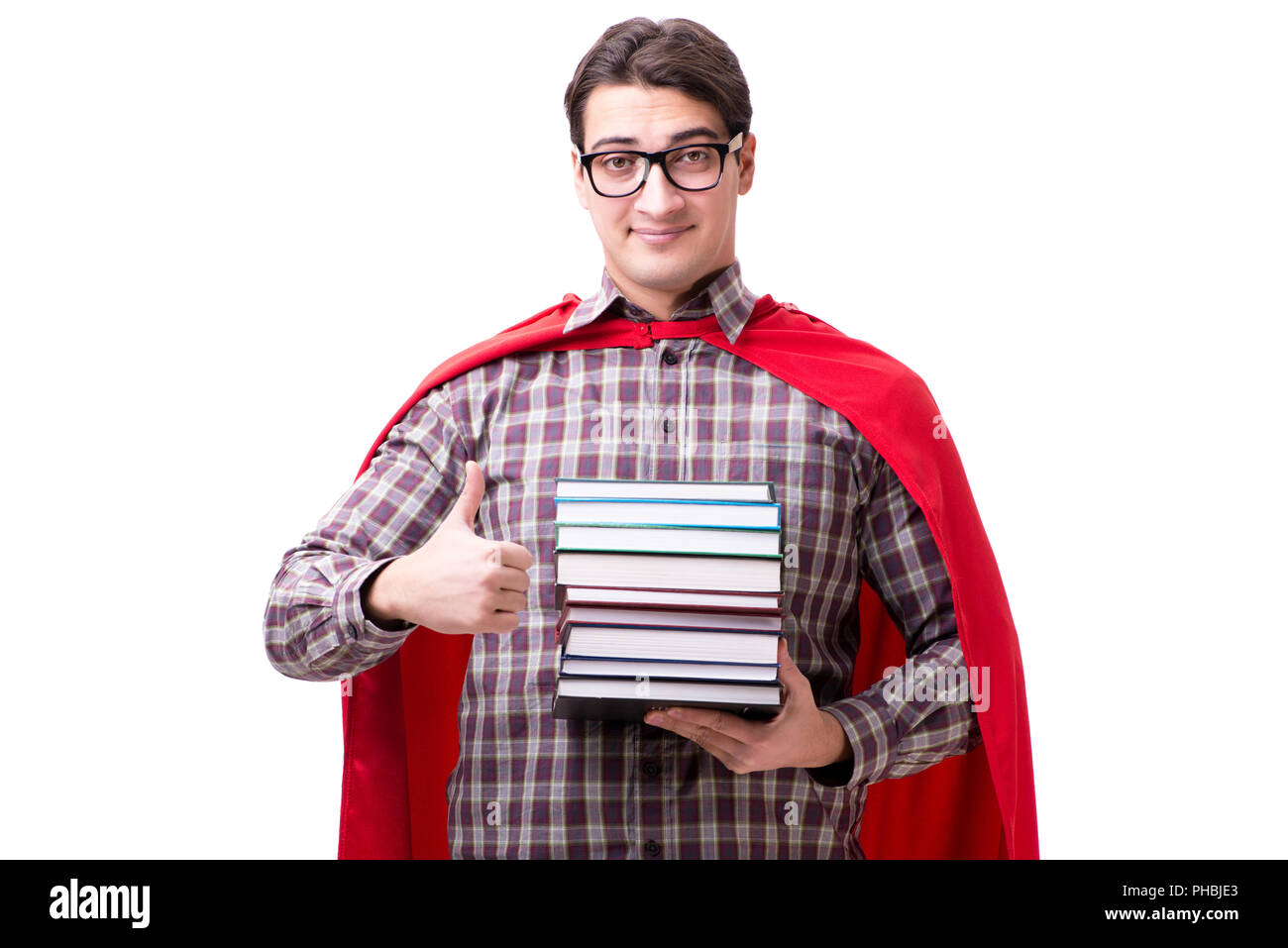 Super hero student with books isolated on white Stock Photo - Alamy