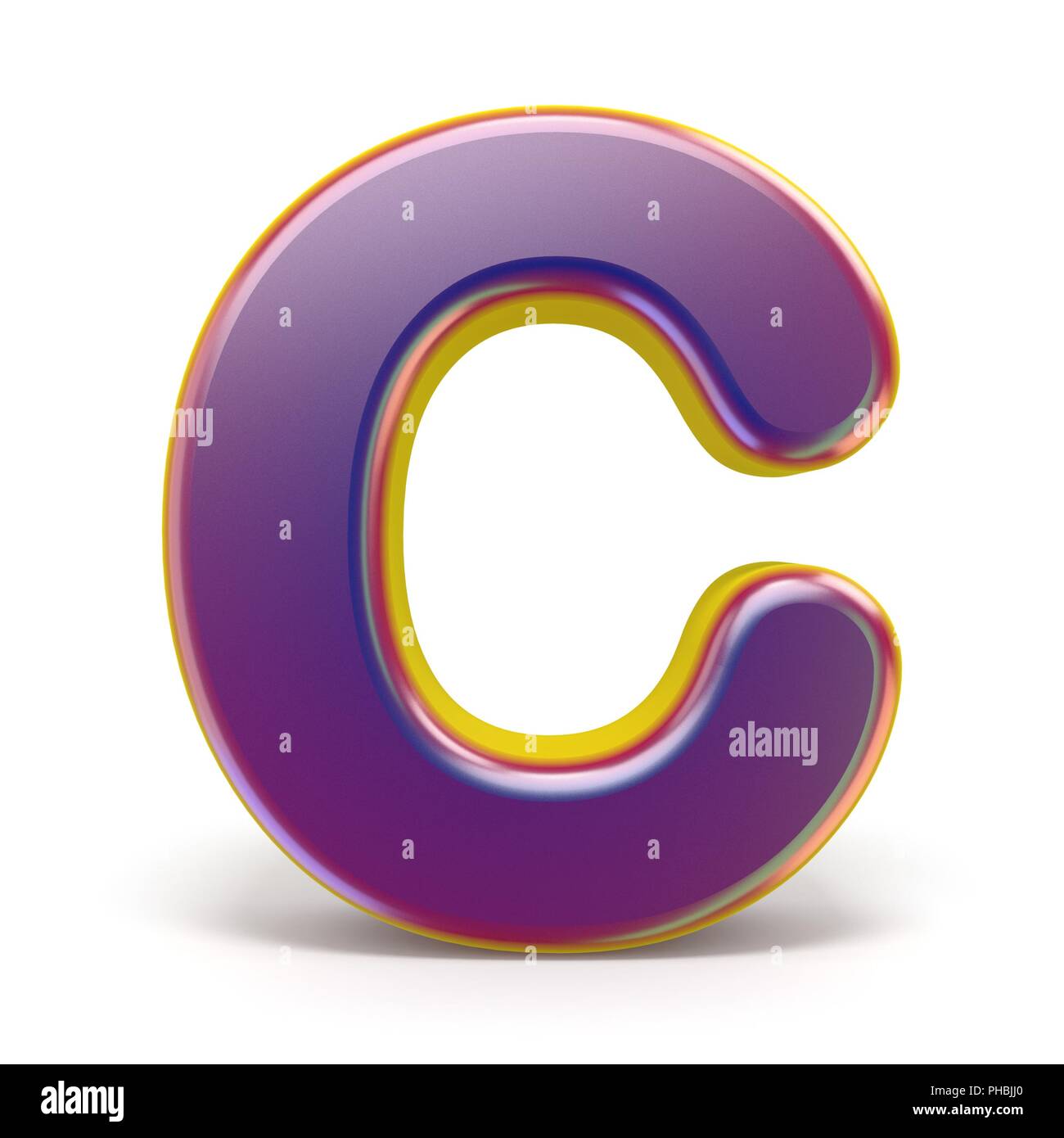 Letter C purple font yellow outlined 3D rendering illustration isolated ...