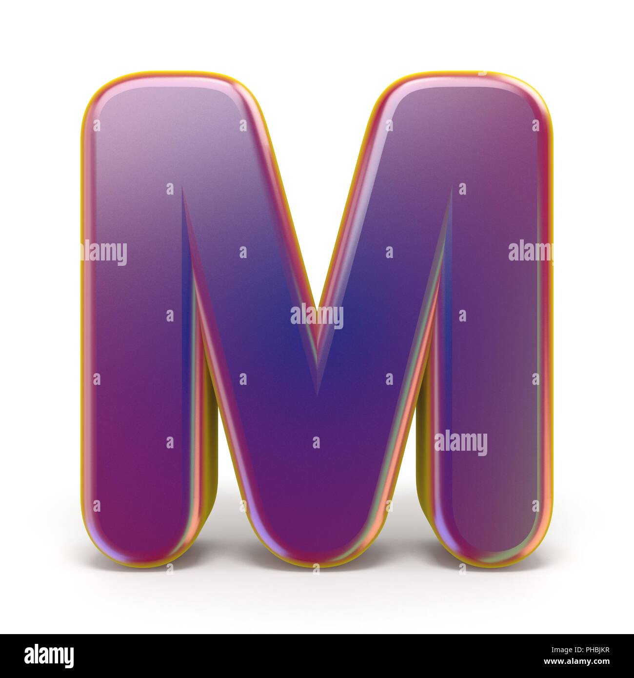 Letter M purple font yellow outlined 3D rendering illustration isolated ...