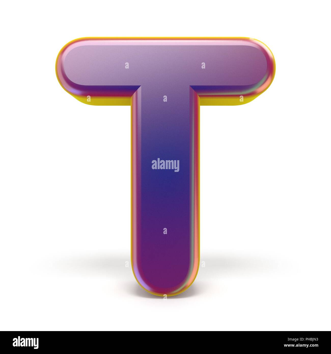 Letter T purple font yellow outlined 3D rendering illustration isolated ...