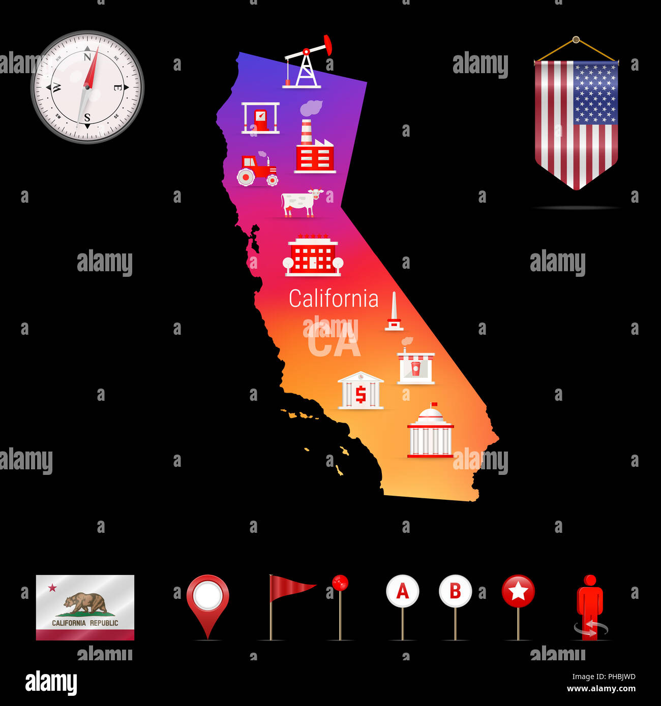 California Map, Night View. Compass Icon, Map Navigation Elements ...