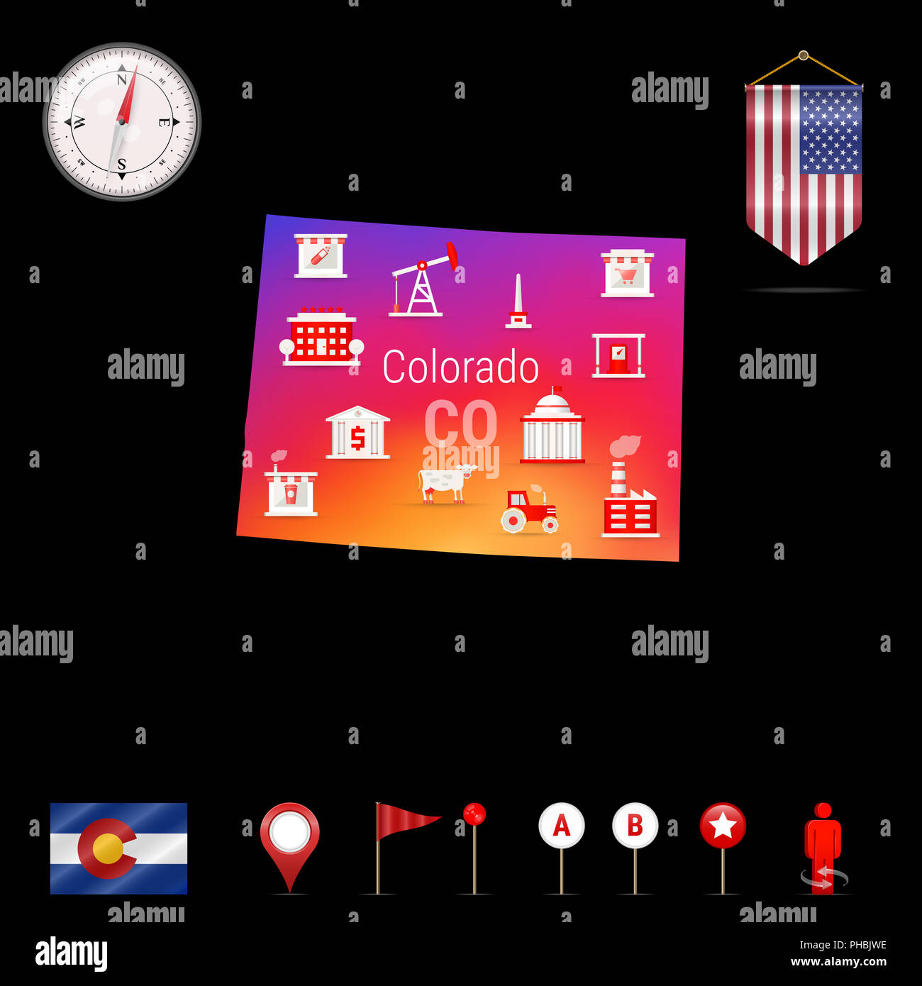 Colorado Map, Night View. Compass Icon, Map Navigation Elements ...
