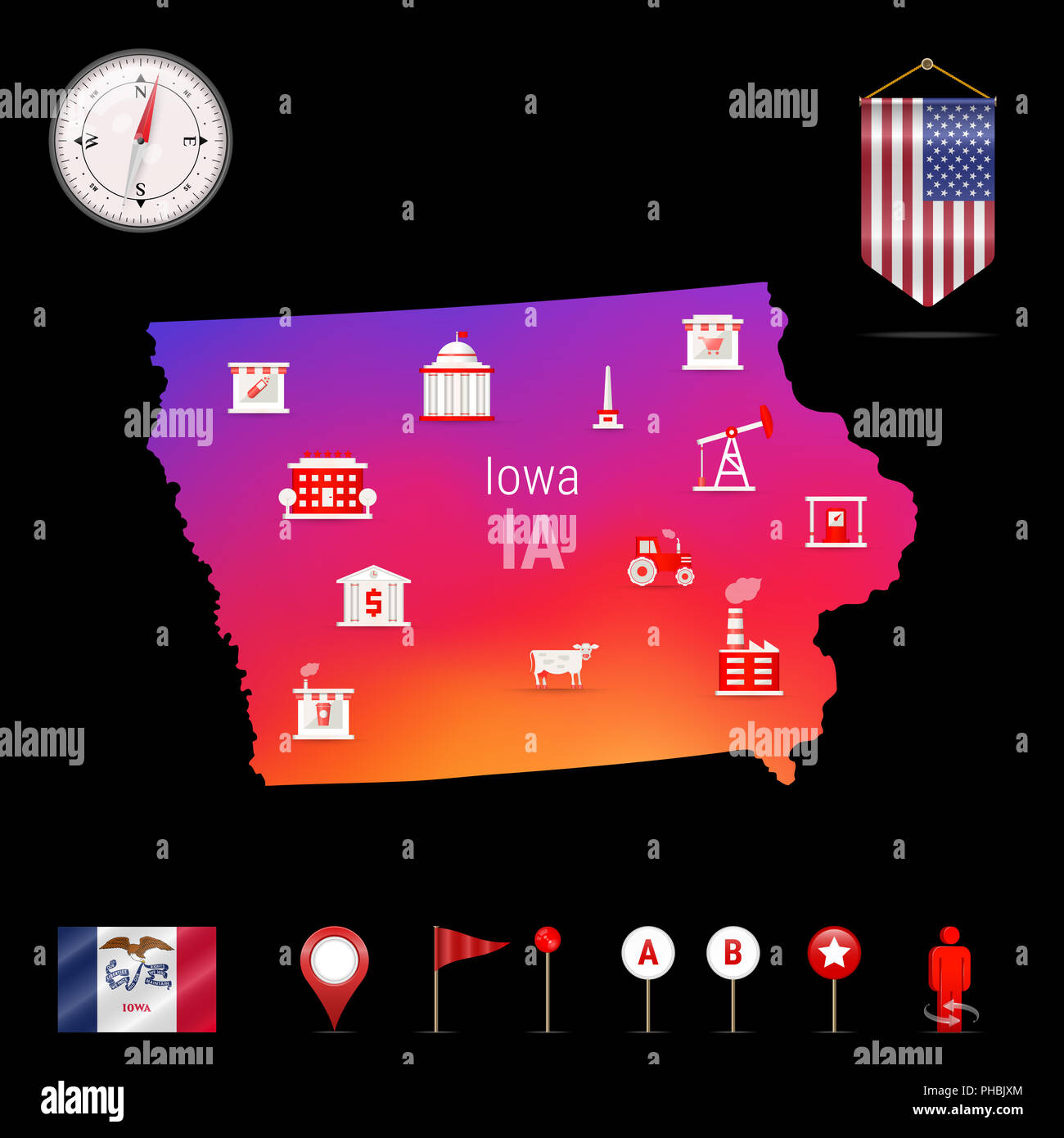 Iowa Map, Night View. Compass Icon, Map Navigation Elements. Pennant ...