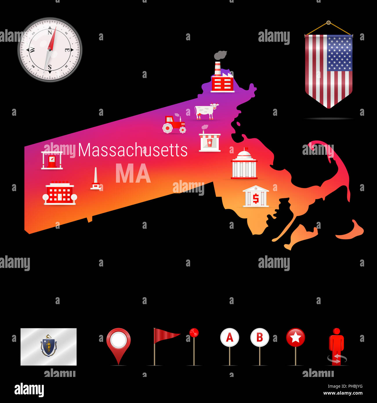 Massachusetts Map, Night View. Compass Icon, Map Navigation Elements ...