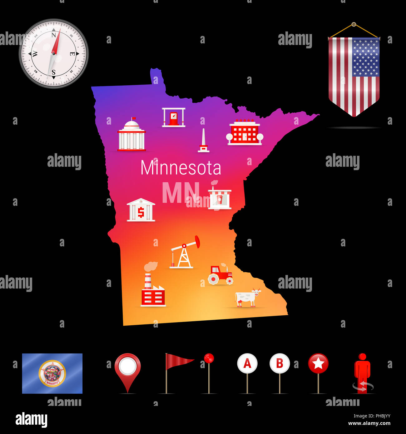 Minnesota Map, Night View. Compass Icon, Map Navigation Elements ...