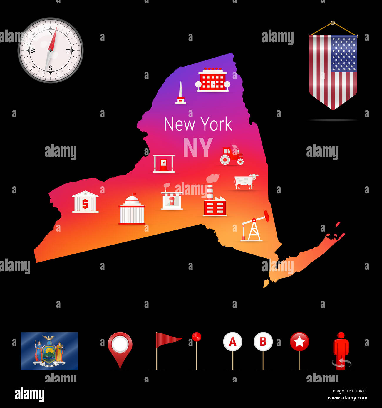 New York Map, Night View. Compass Icon, Map Navigation Elements ...