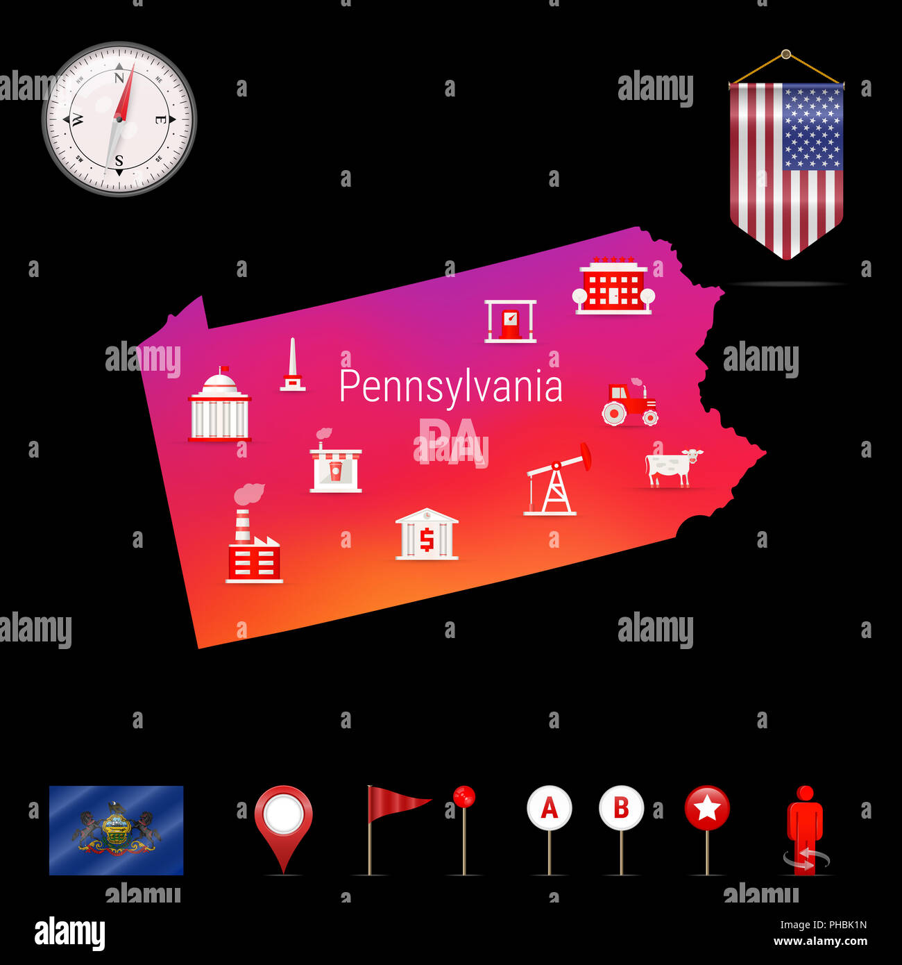 Pennsylvania Map, Night View. Compass Icon, Map Navigation Elements ...