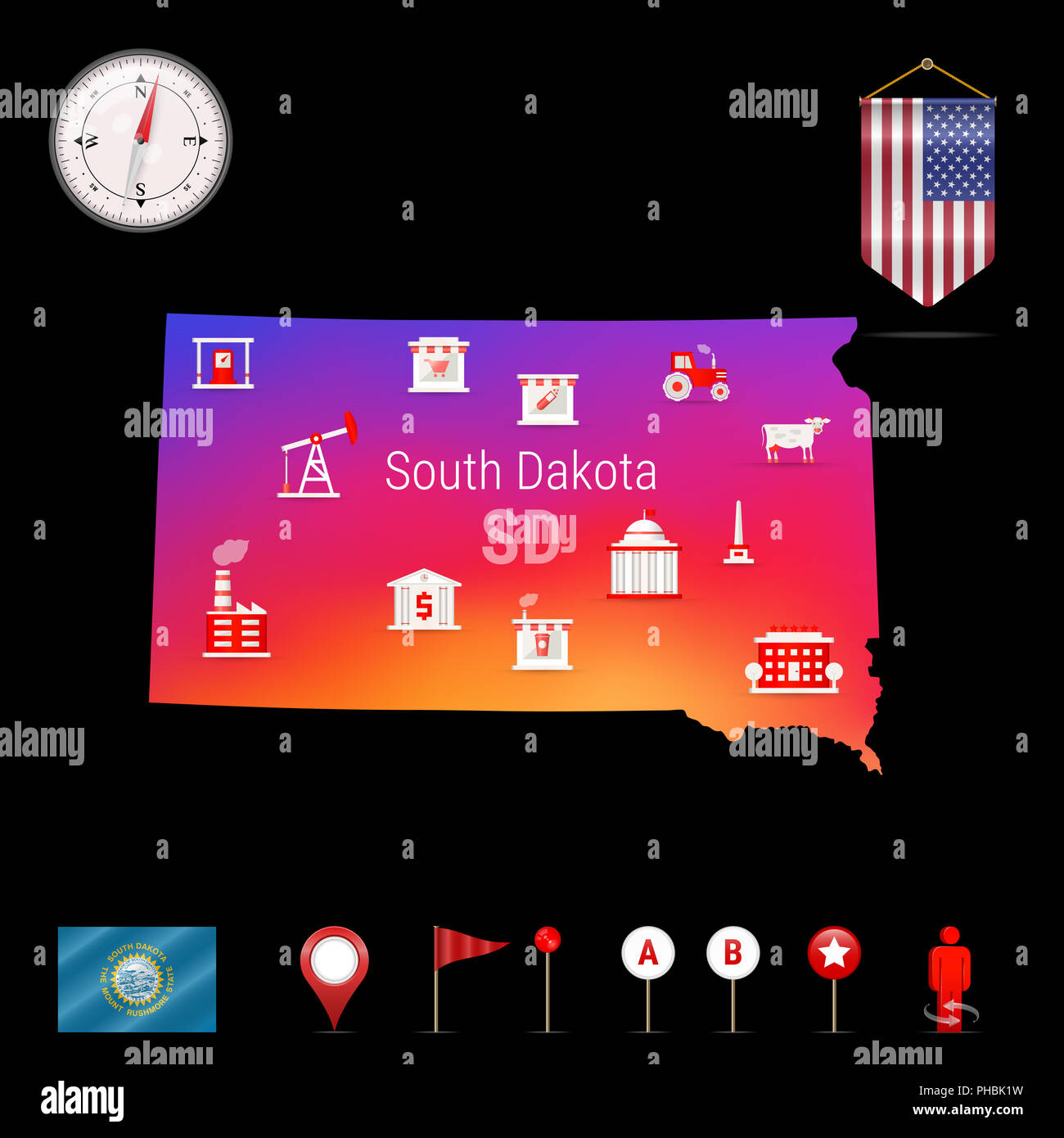 South Dakota Map, Night View. Compass Icon, Map Navigation Elements ...