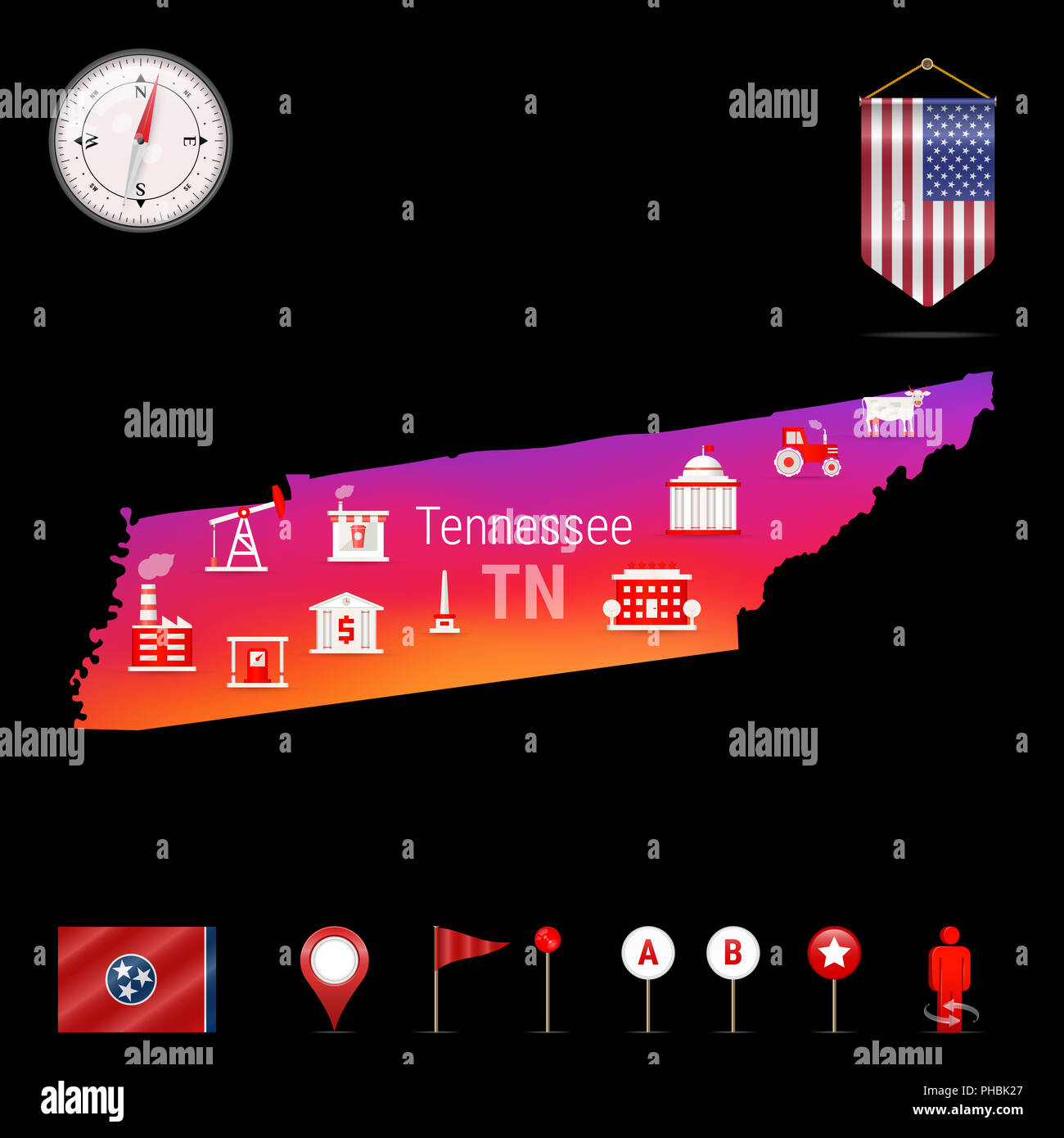 Tennessee Map, Night View. Compass Icon, Map Navigation Elements ...