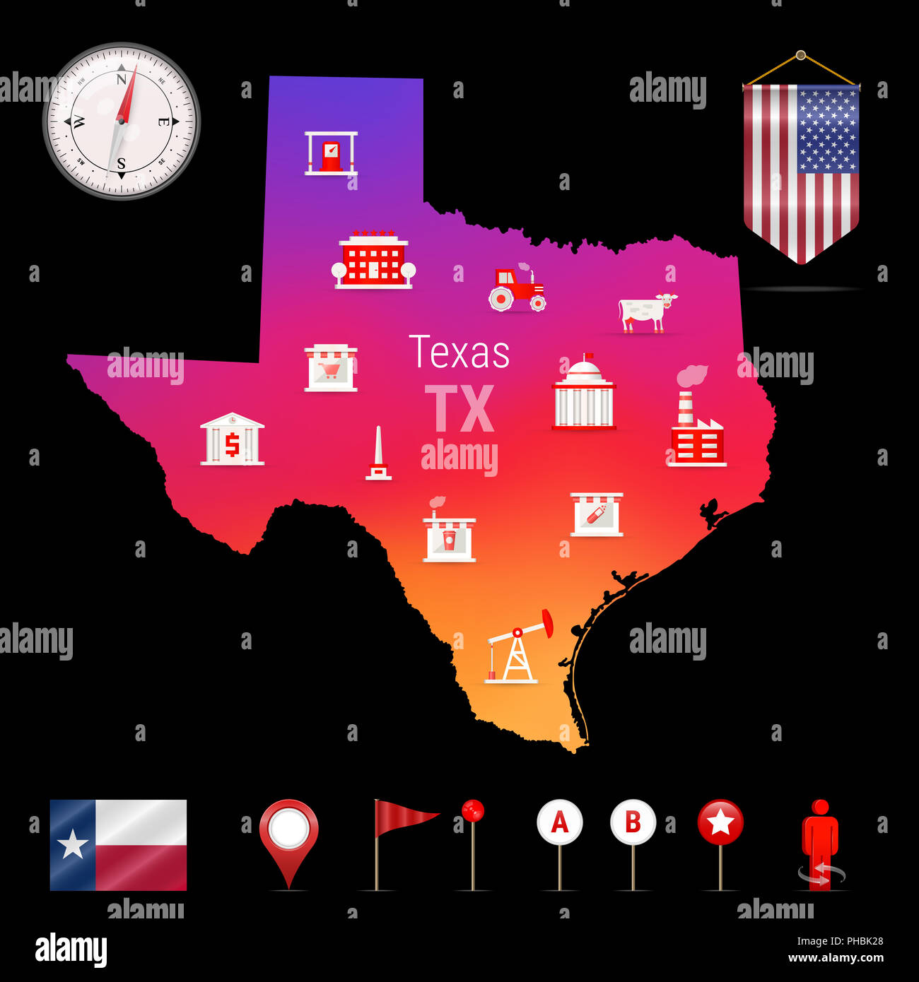 Texas Map, Night View. Compass Icon, Map Navigation Elements. Pennant ...