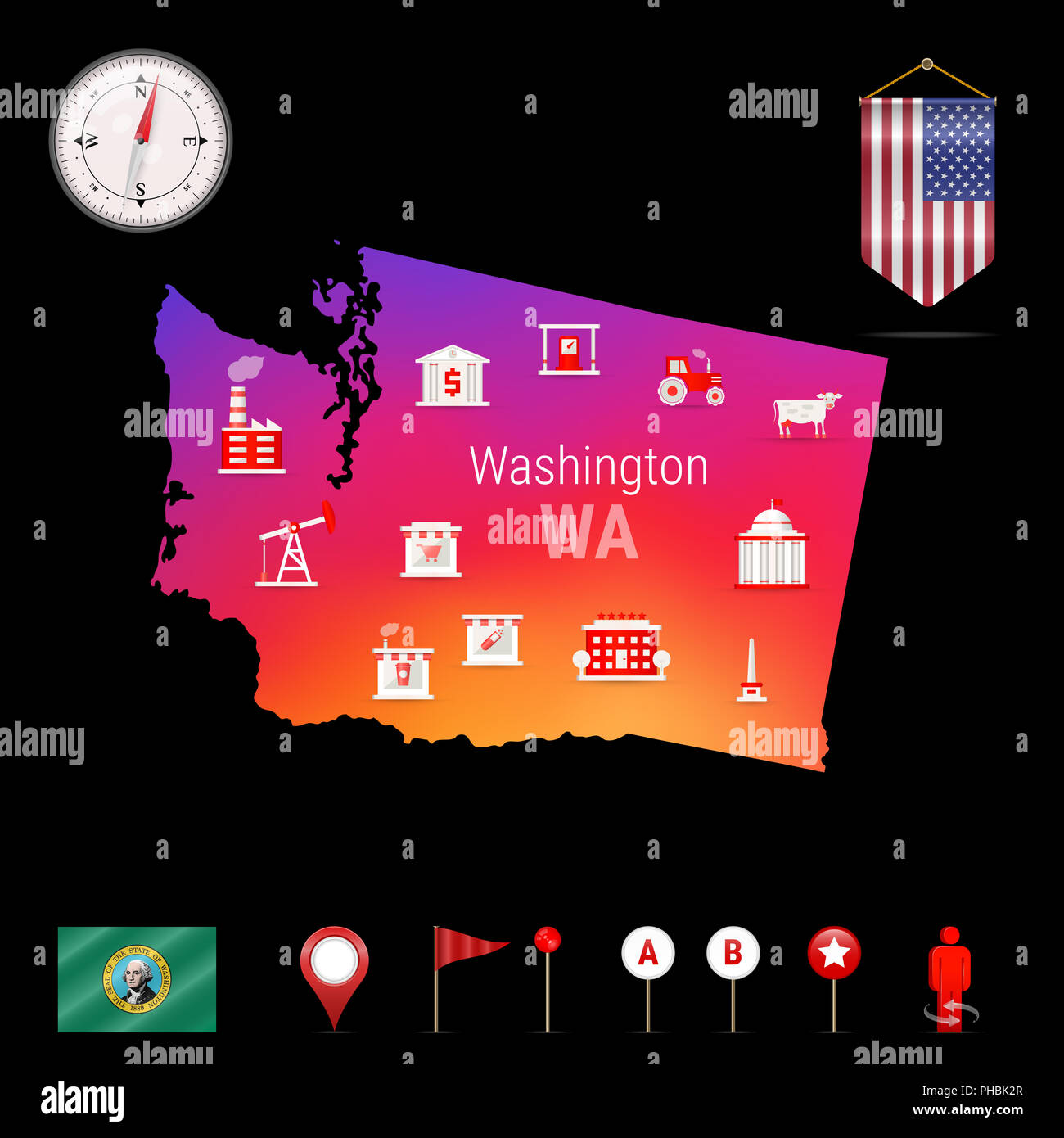 Washington Map, Night View. Compass Icon, Map Navigation Elements ...