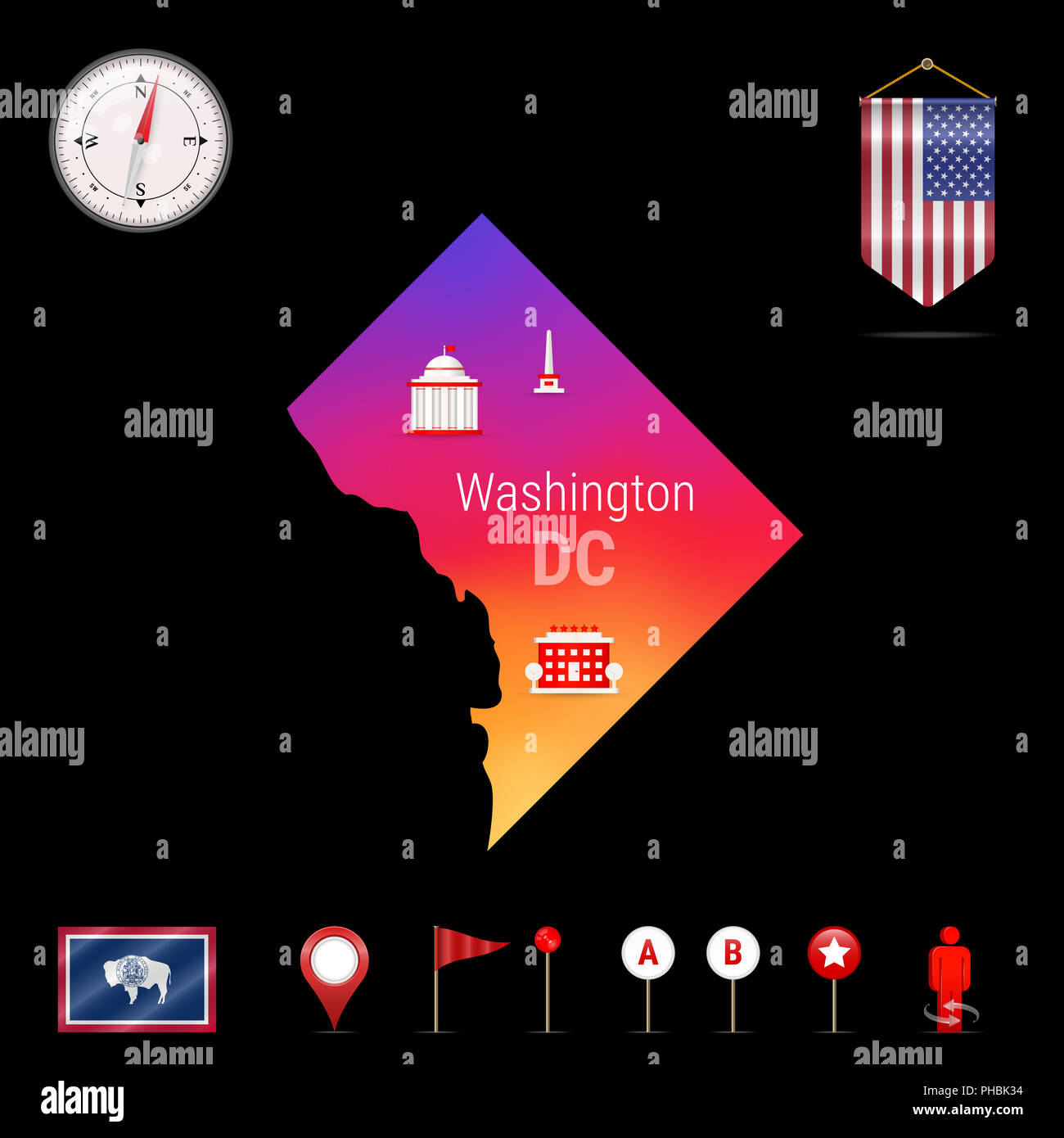 Washington, DC Map, Night View. Compass Icon, Map Navigation Elements ...