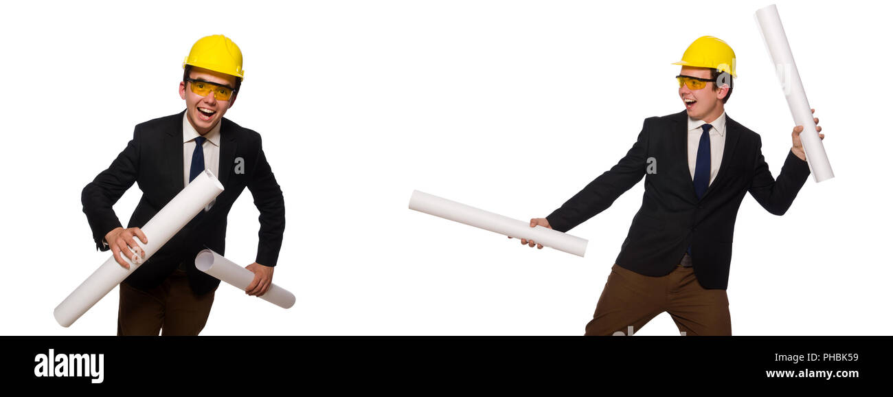 Funny architect with drawings on white Stock Photo - Alamy