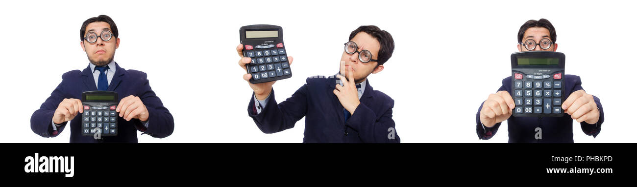 Funny man with calculator isolated on white Stock Photo - Alamy