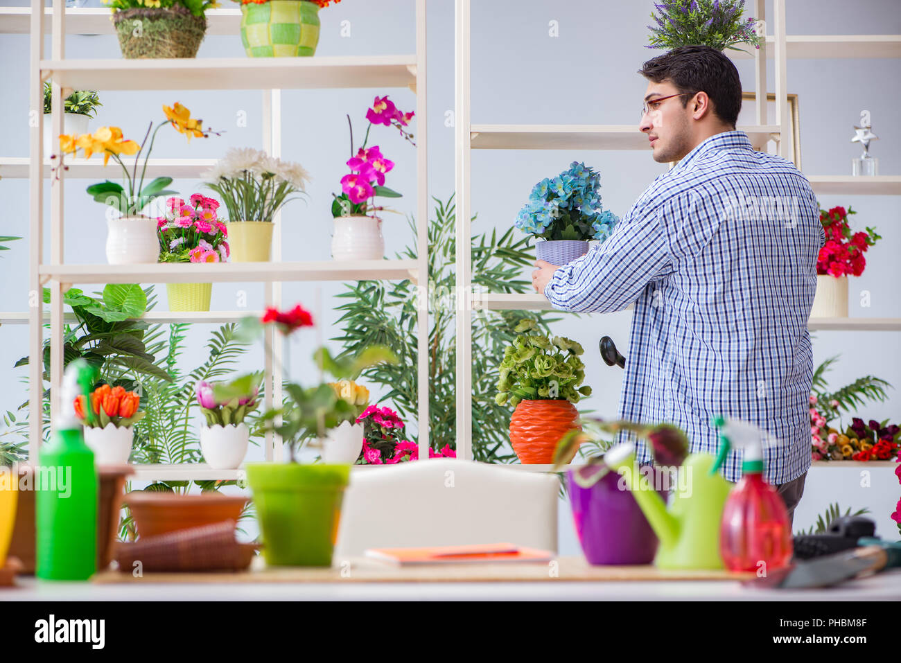 Young man florist working in a flower shop Stock Photo - Alamy